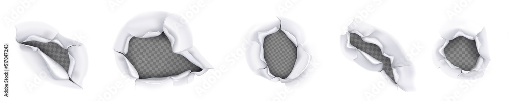 Holes in paper, pages with torn curve edges and gaps. Ripped white ...