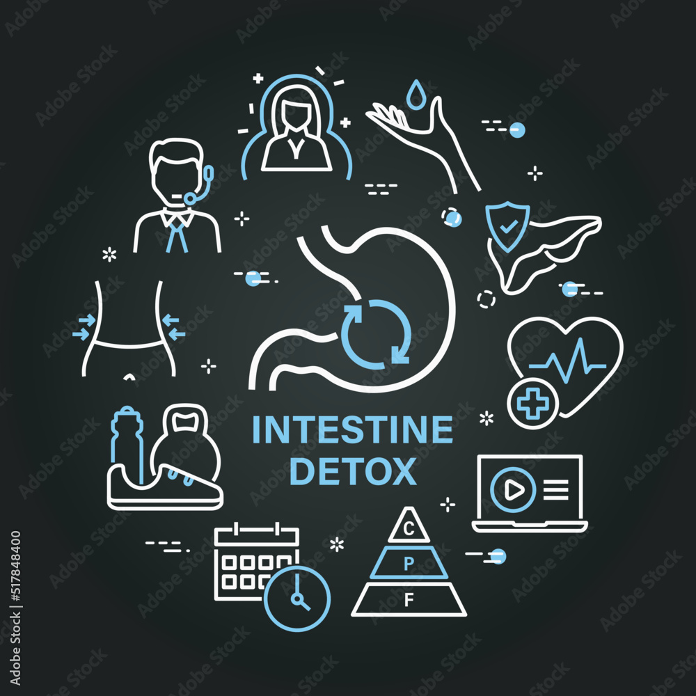 Intestine detox black vector banner. Linear medical icons in circular ...