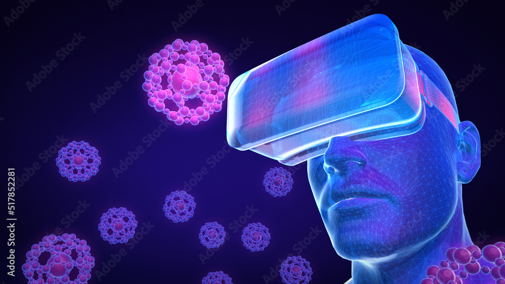 3d model of a human wearing VR glasses looking at the hologram of the ...
