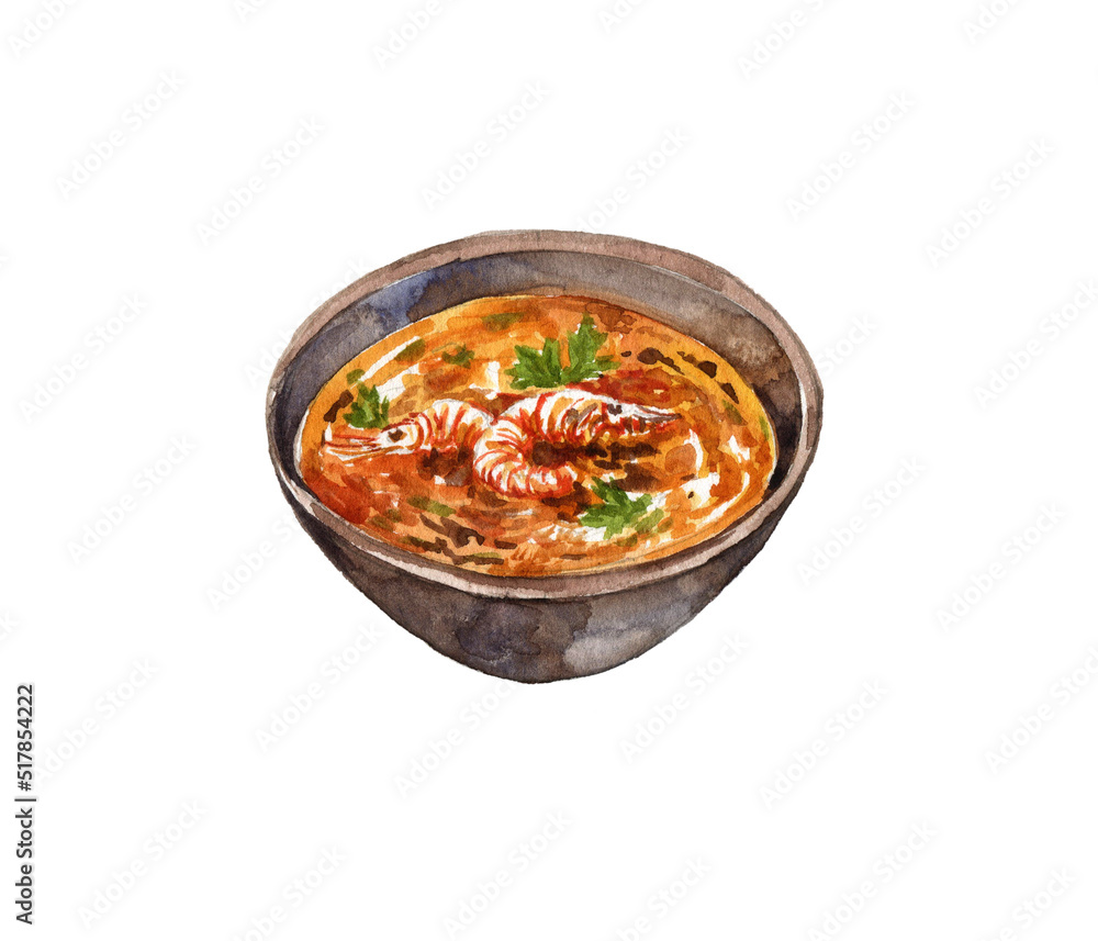 watercolor drawing bowl with tom yum soup and shrimp, plate of asian ...