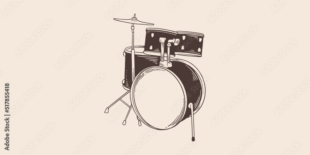 Vintage hand drawn drum set in vintage engraved style. Isolated on ...