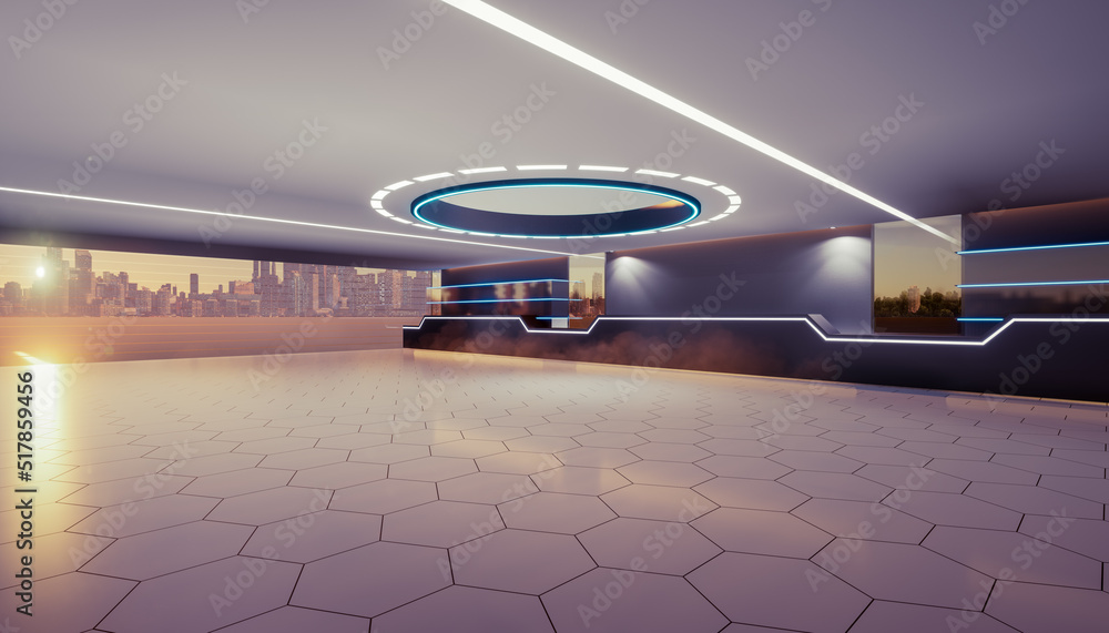 3d rendering of empty space inside futuristic showroom, spaceship, hall ...