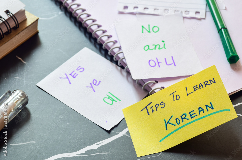Concept of learning Korean language. Hand written flash cards with ...