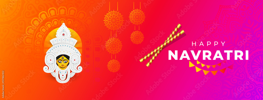 Happy Navratri Festival Banner Background with Hindu Goddess Durga Face ...
