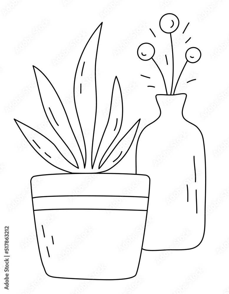 Home plants contour drawing. Cute houseplant in pot and vase with ...