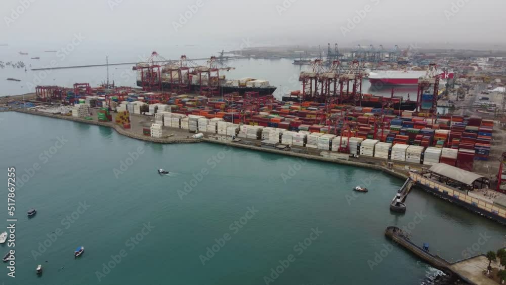 Drone video of sea port in Callao, Peru, on a cloudy morning. Shipping ...