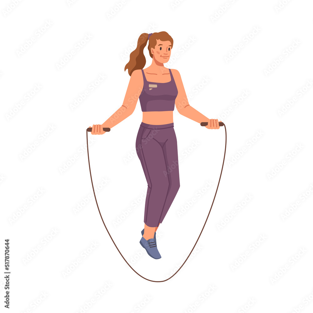 Skipping female personage using jumping rope for exercises. Warming up ...