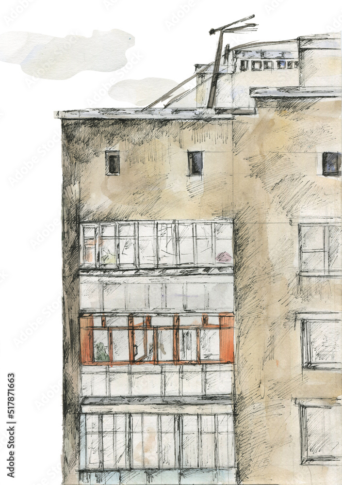 1980s architecture. City ghetto. High-rise building. Modern ruins ...