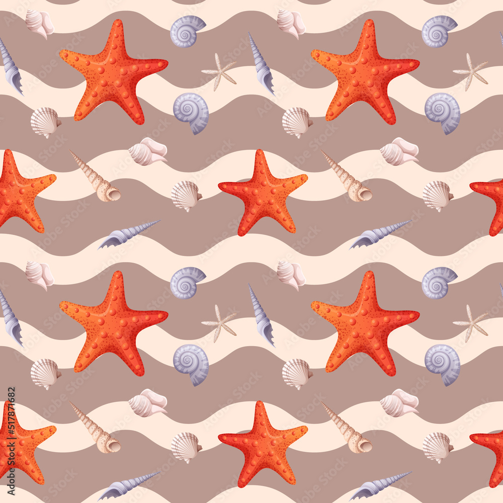 Seamless pattern with starfish and seashells with a wavy pattern. Cute ...