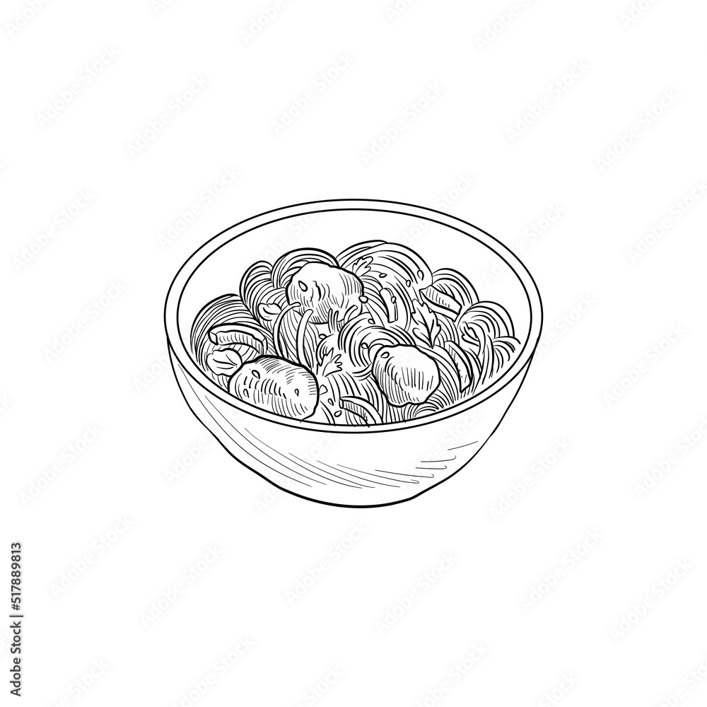 vector drawing bowl with soba,vegetables and beef, plate of asian food ...