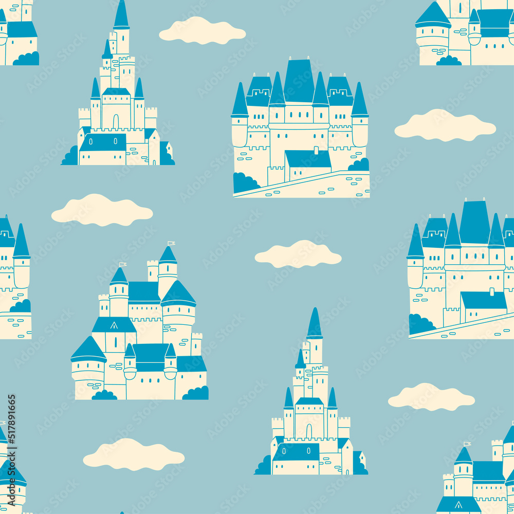 Medieval Castles in blue sky, white clouds. Old towers, fortress or ...