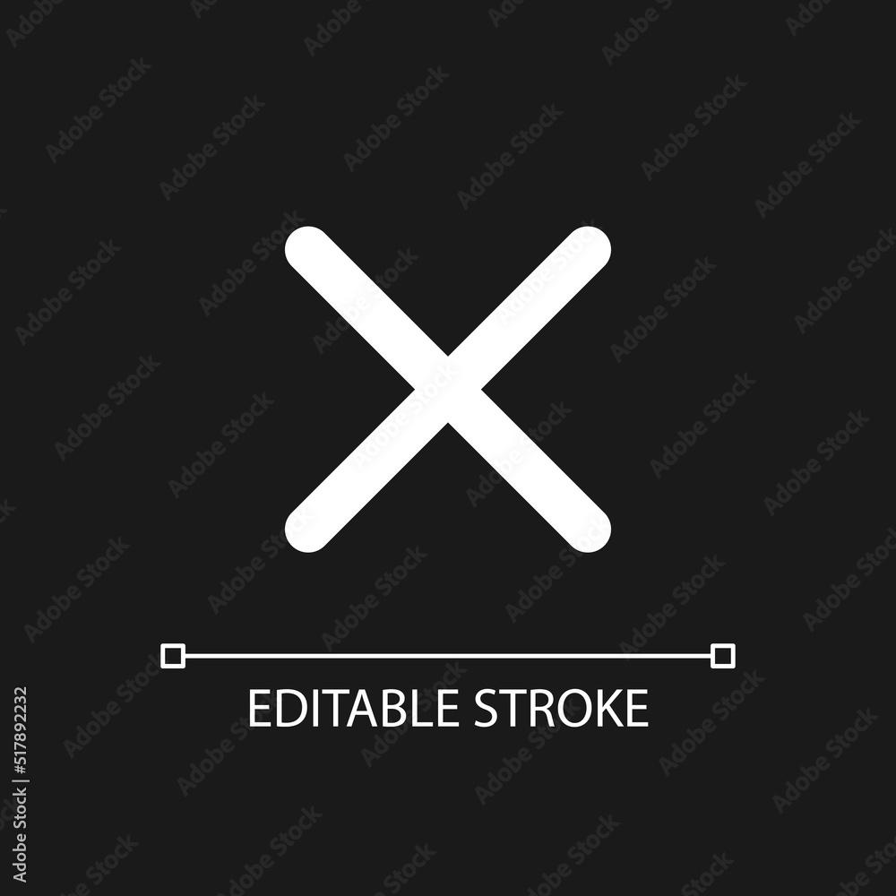 Cross mark pixel perfect white linear ui icon for dark theme. Delete action. Cancel button ...