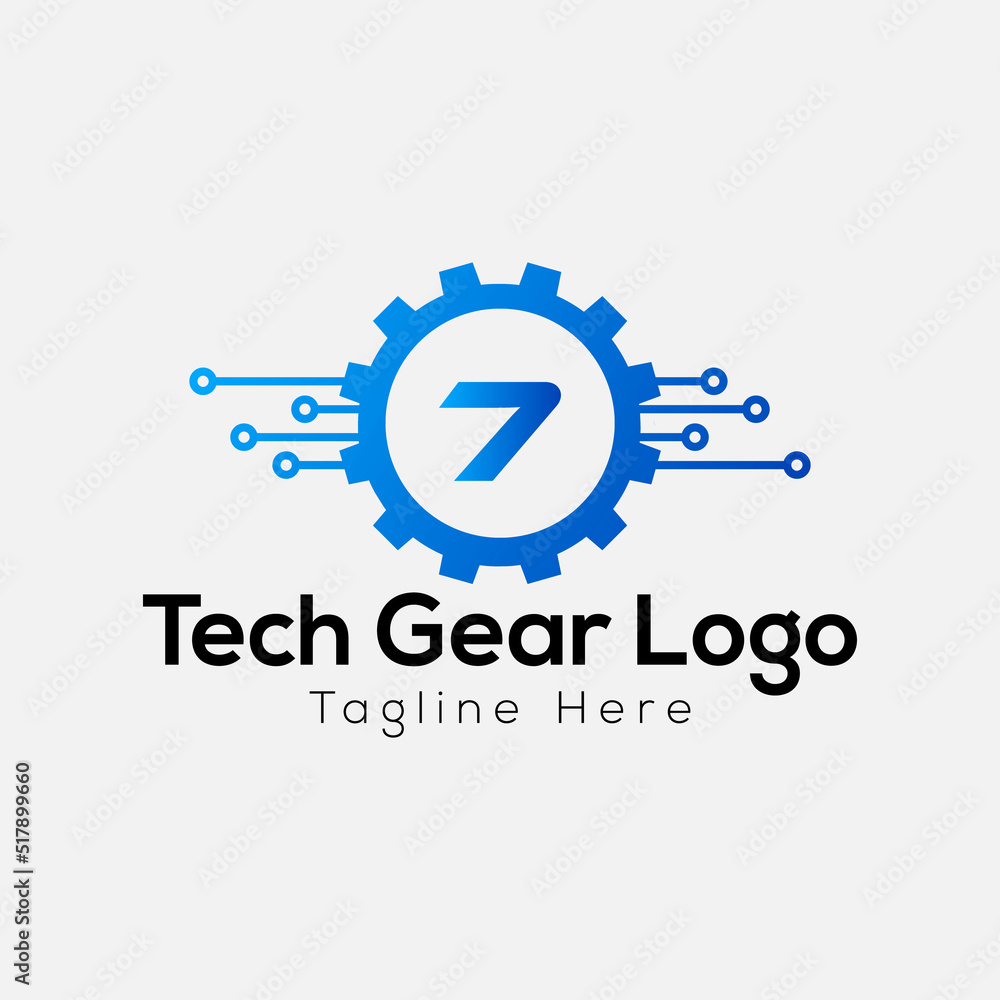Tech Gear Logo On Letter 7 Template. Tech Gear On 7 Letter, Initial ...