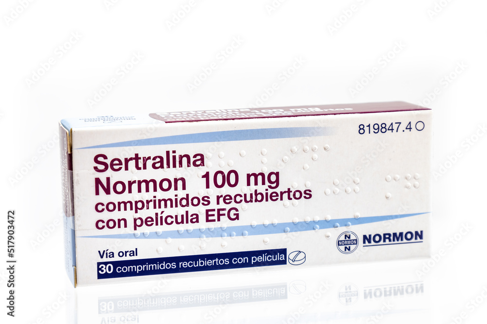 Huelva, Spain - July 19, 2022: A Spanish box of Sertraline from Normon ...