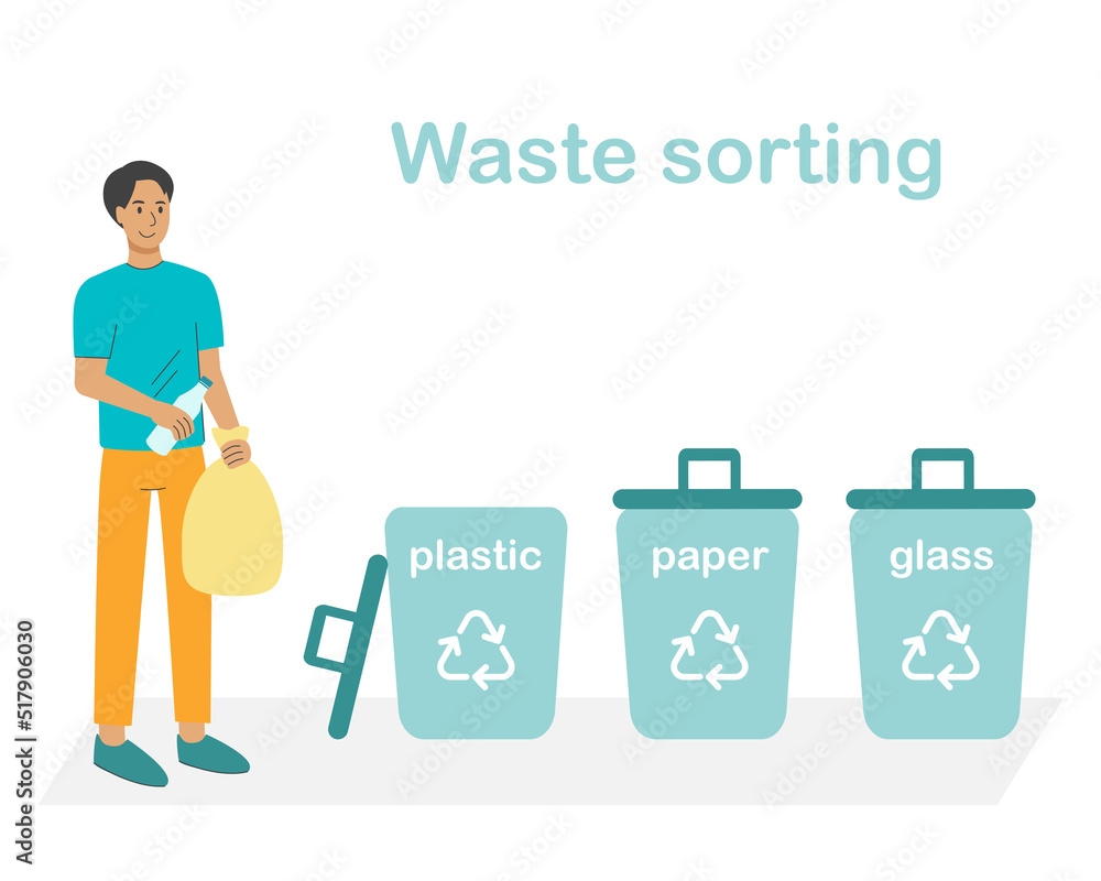 Waste sorting concept. Man with bag of garbage in his hand in front of ...