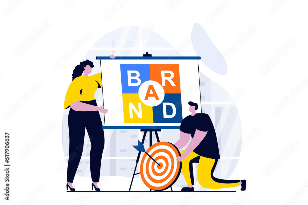 Branding team concept with people scene in flat cartoon design. Man and ...