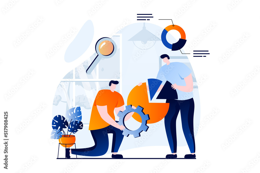 Data Science Concept With People Scene In Flat Cartoon Design Scientists Use Charts And Graphs