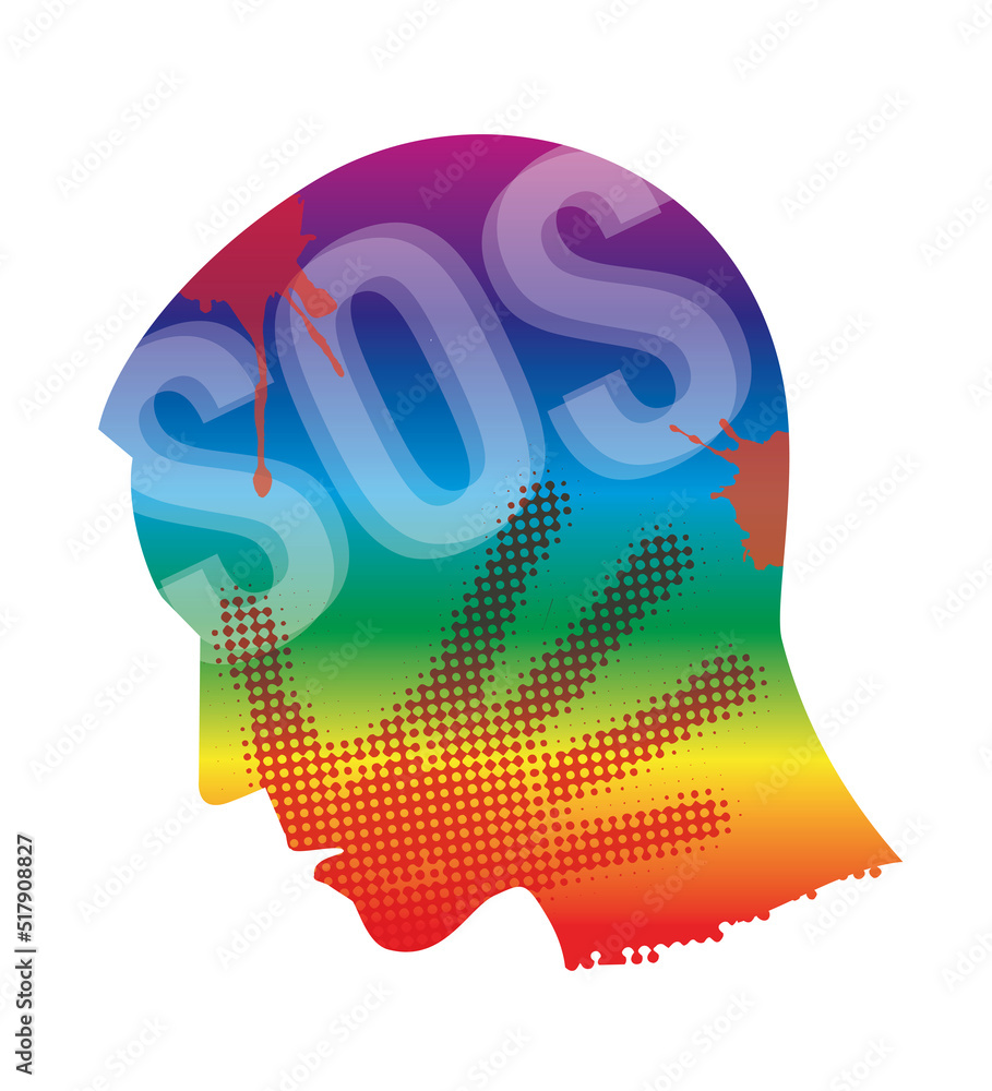 Young man homosexual, victim of violence, rainbow colored, SOS sign ...