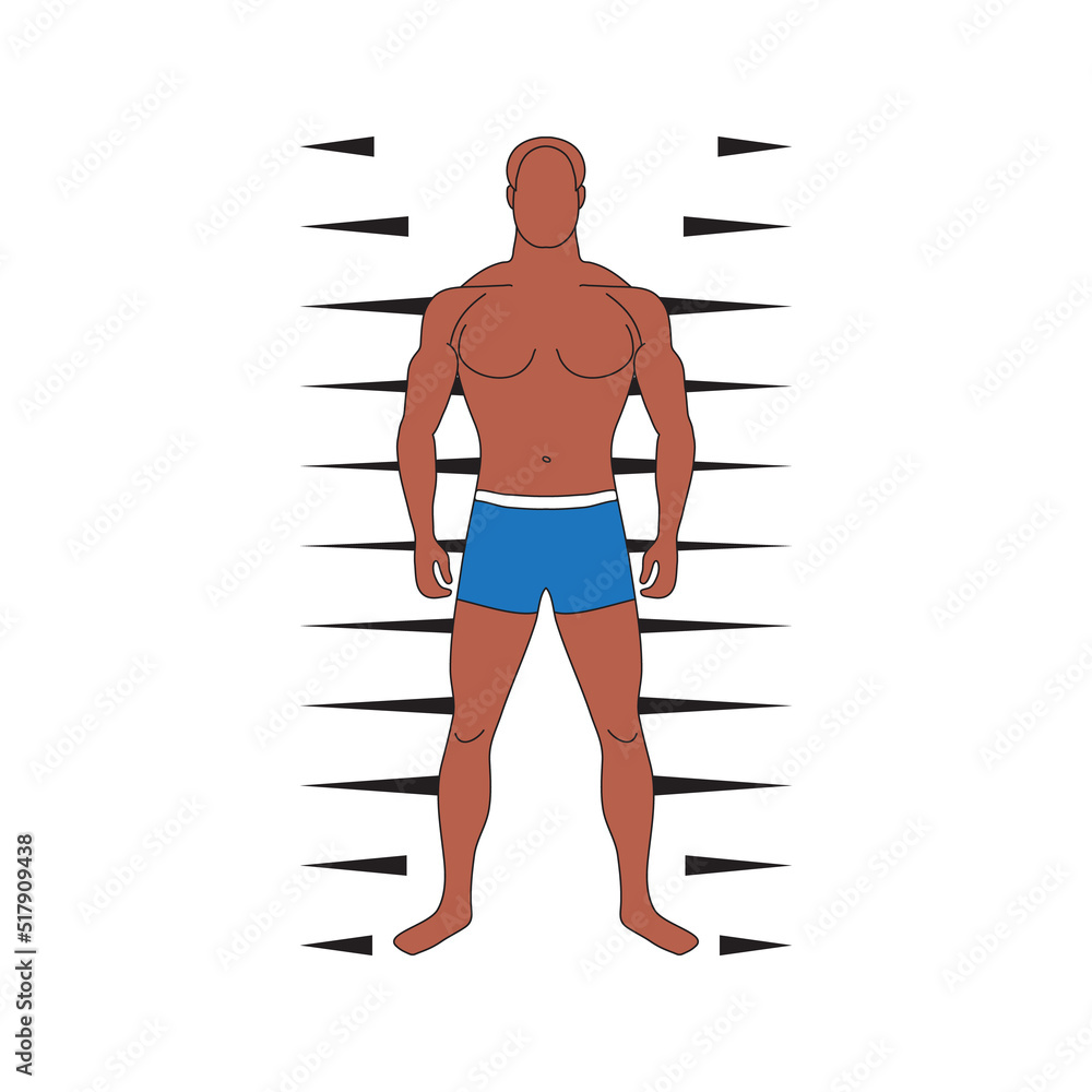 Slender tanned tall man in blue swimming trunks. Human slender body of ...