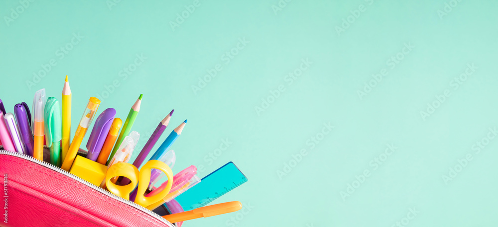 Back to school concept. Bright school pencil case with filling school ...