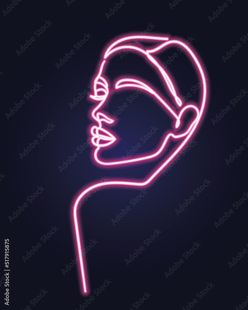 Abstract neon woman portrait linear art over dark background. Vector ...