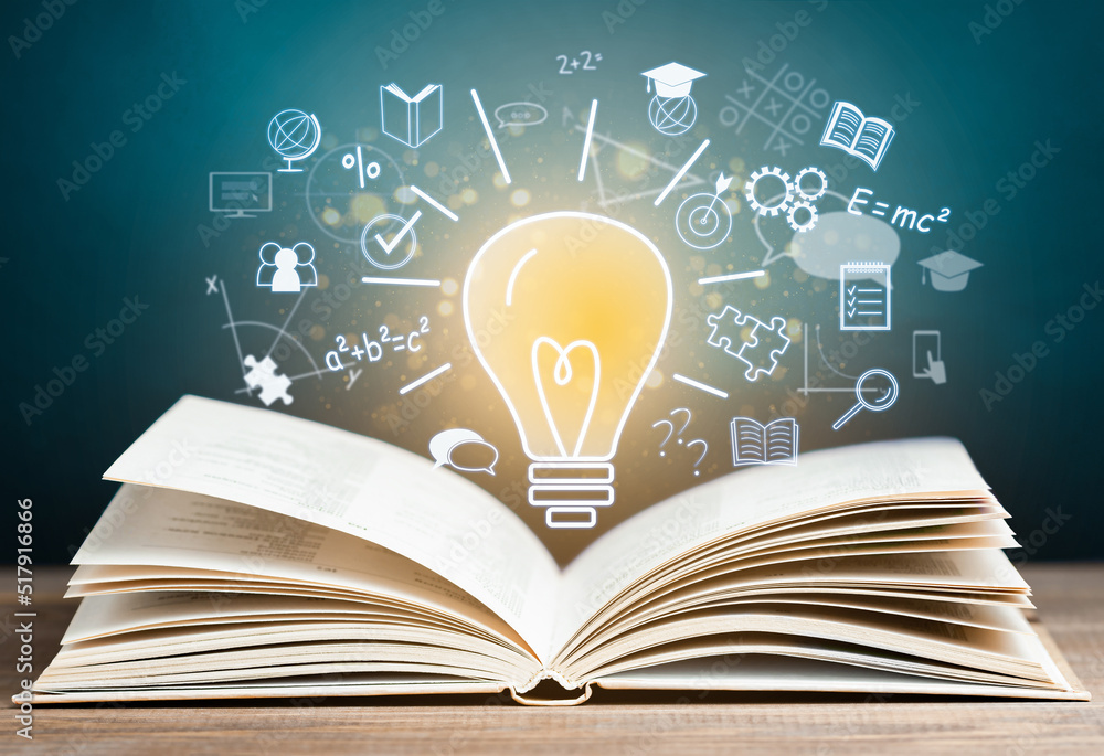 open book and holographic light bulb with education icons, concept of learning Stock Photo ...