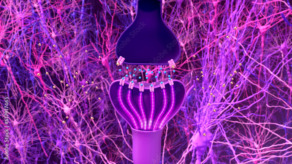 Synapse and neuron. Transmission of the nerve signal between two neurons with axon and synapse ...