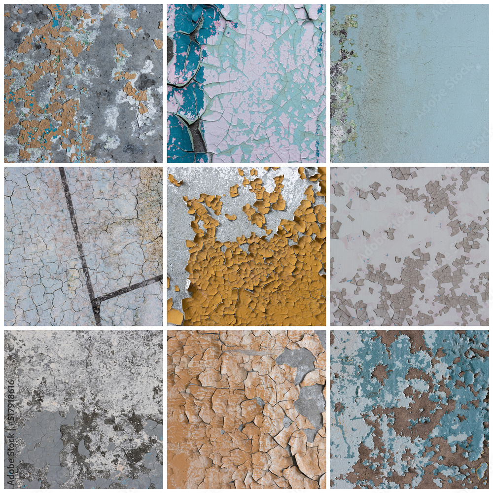 Set of peeling paint textures. Old concrete walls with cracked flaking ...