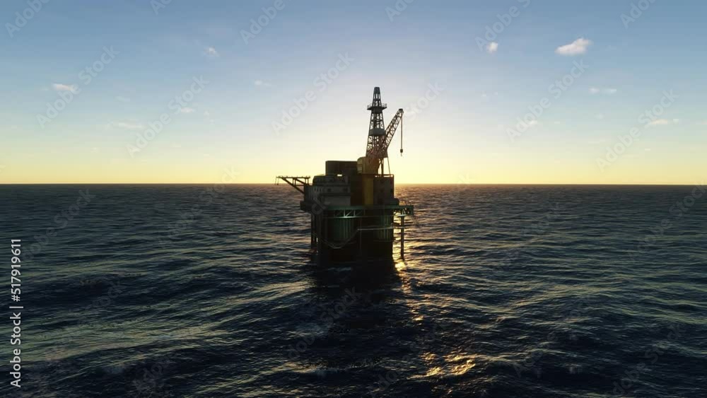 Animation of an offshore oil platform at sea. Silhouette of an oil rig ...