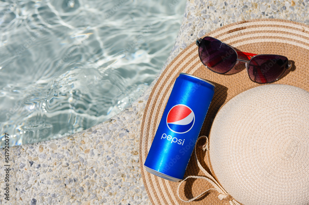 Novorossiysk - Russia, July 2022: Can of soft drink Pepsi Cola straw ...