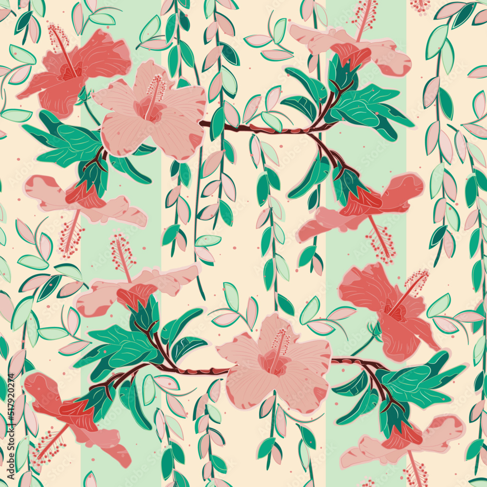 Floral Hibiscus and hanging vines pattern with an ornamental feel ...