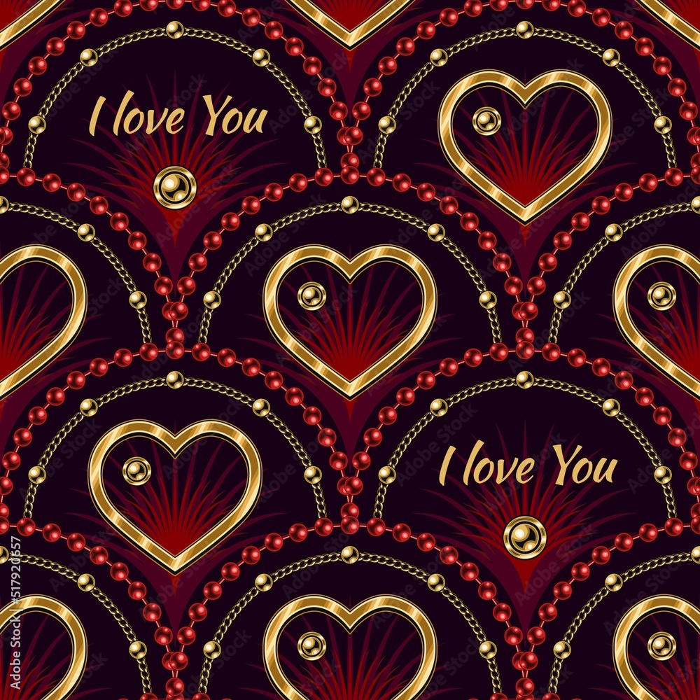 Seamless bright red pattern with fan shaped grid, gold chains, buttons ...