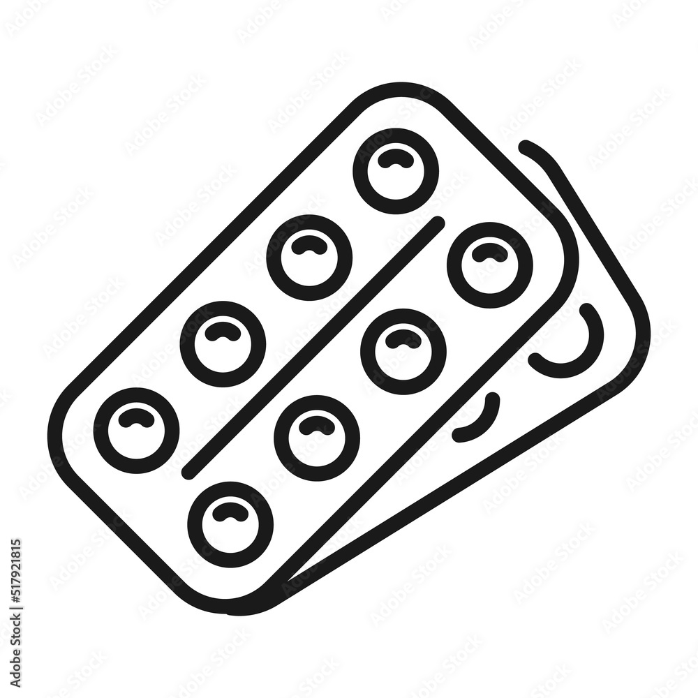 Pill pack icon, round medicines in package line or outline illustration ...