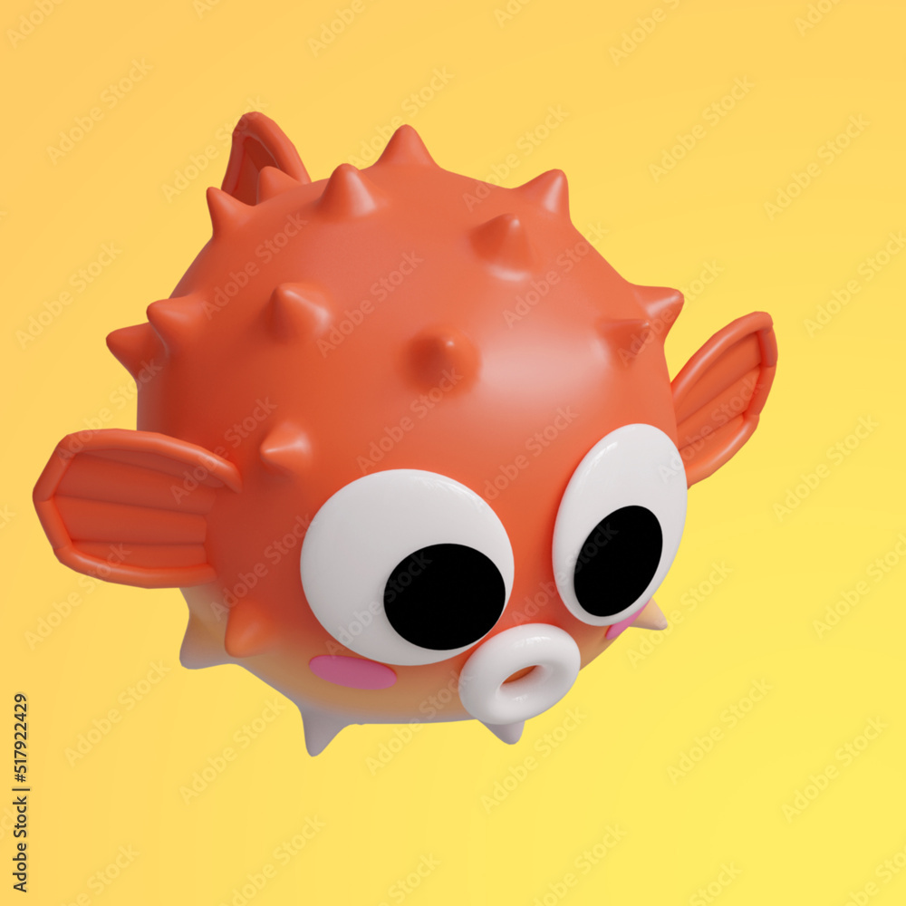 Orange and white puffer fish with big round eyes on yellow background ...