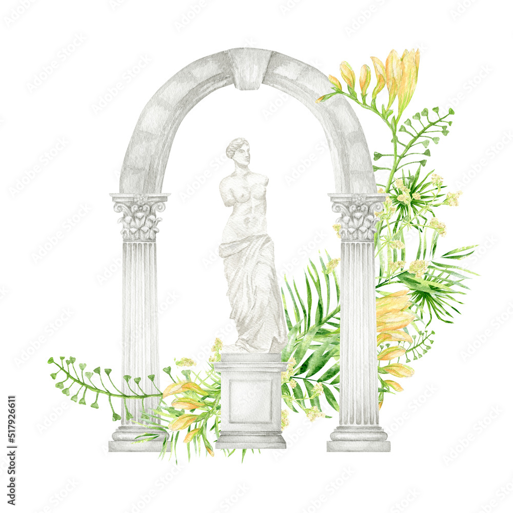 Ancient greek sculpture Venus goddess, arch with column corinthian ...