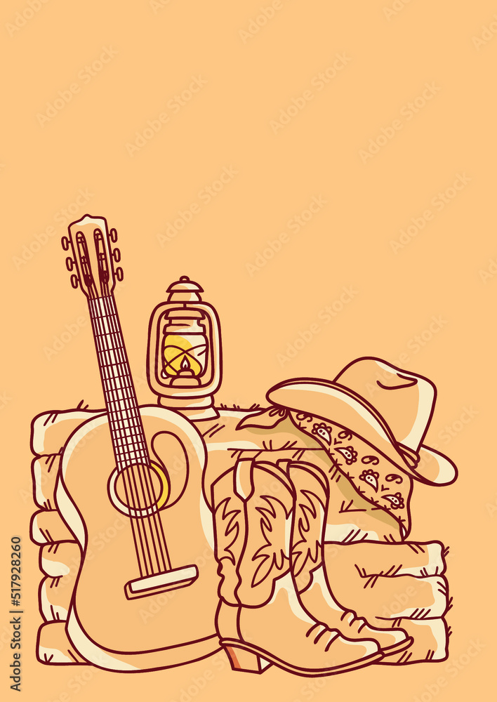 Country music background with acoustic guitar and american cowboy boots ...