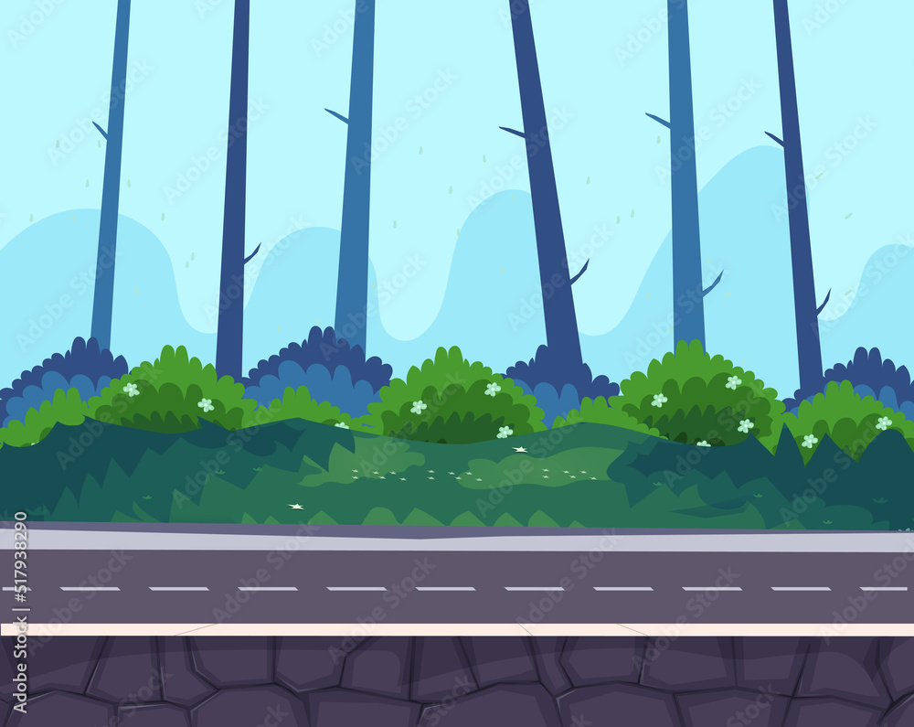 game background cartoon vector , Road in the middle of the forest Stock ...