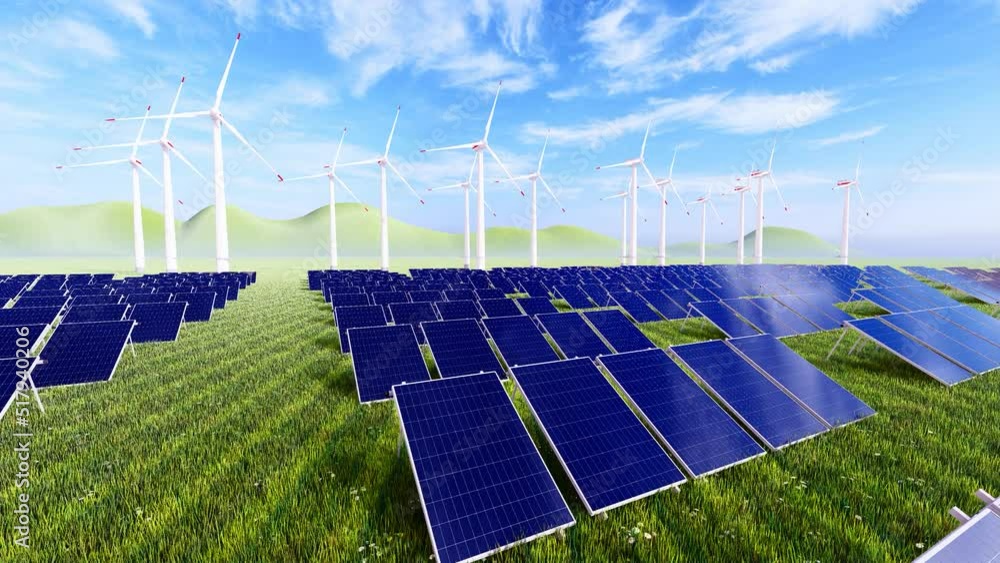 3840x2160. With solar panel cells and spinning wind turbines on the eco energy farm. Power ...