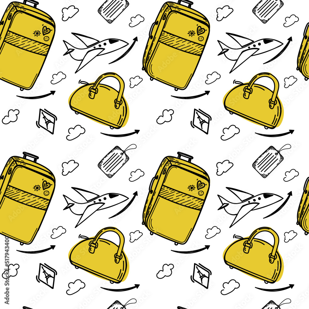 Seamless pattern of different kinds of luggage, hand-drawn in sketch ...