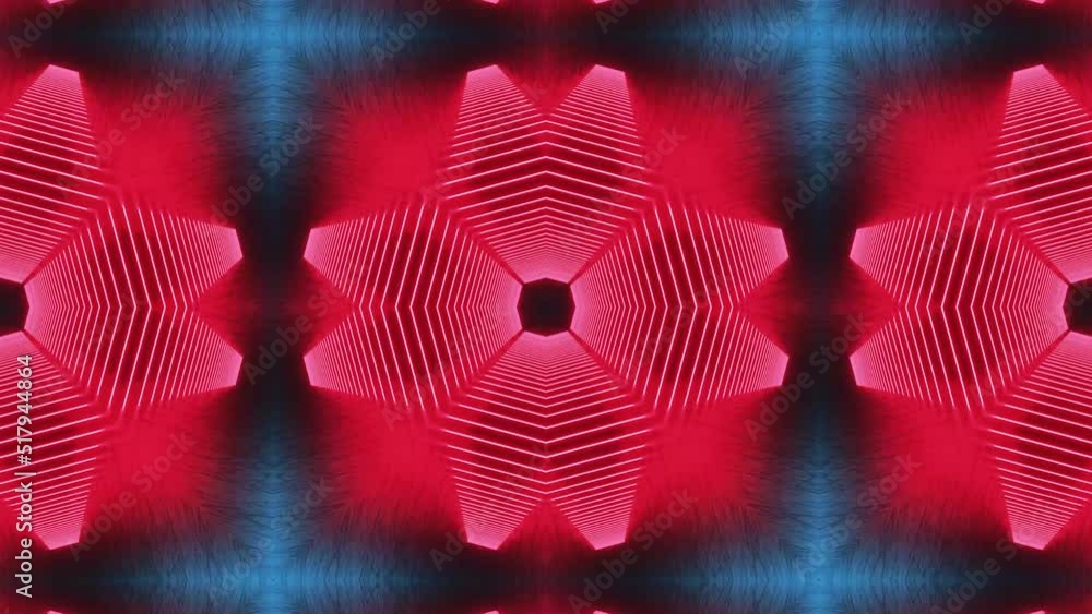 Abstract symmetrical pattern with neon glowing lines. Modern vj loop party background. Bright ...