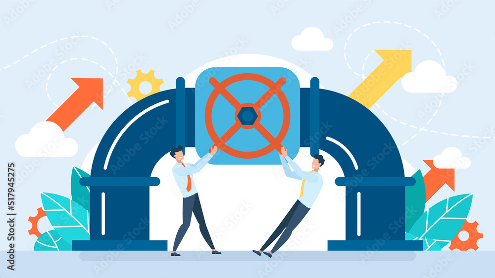 Opening, closing the pipeline. Tiny characters turn the valve on the ...