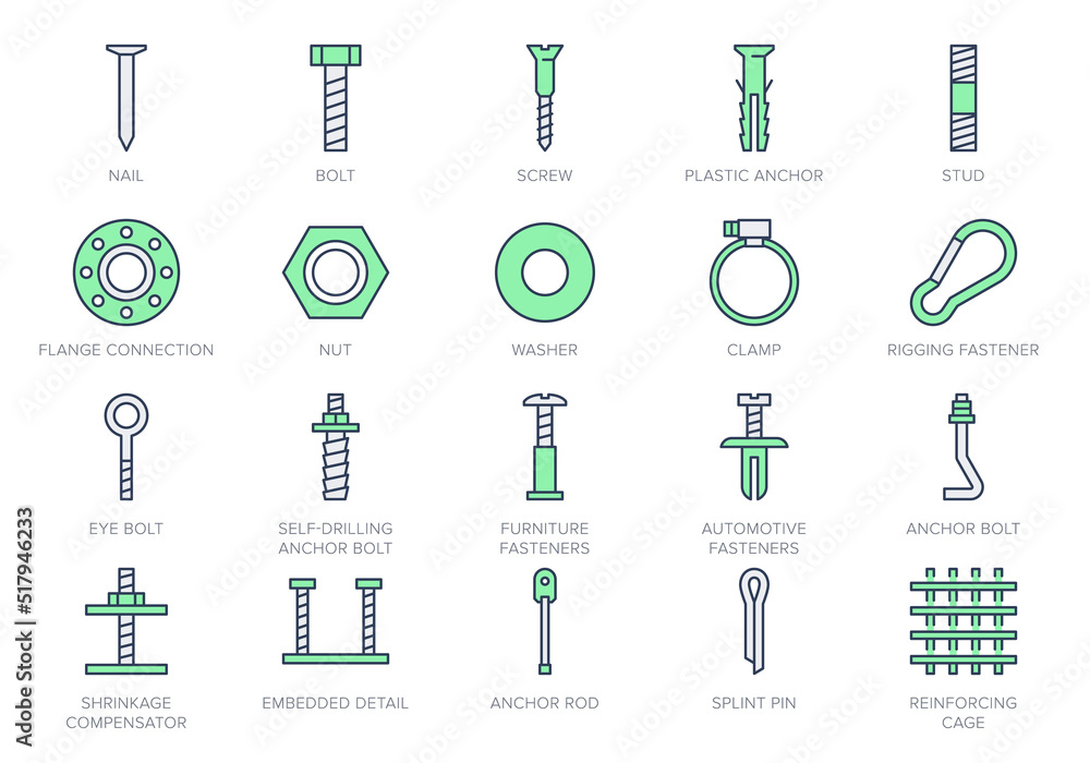 Fasteners line icons. Vector illustration include icon - clamp, plastic ...
