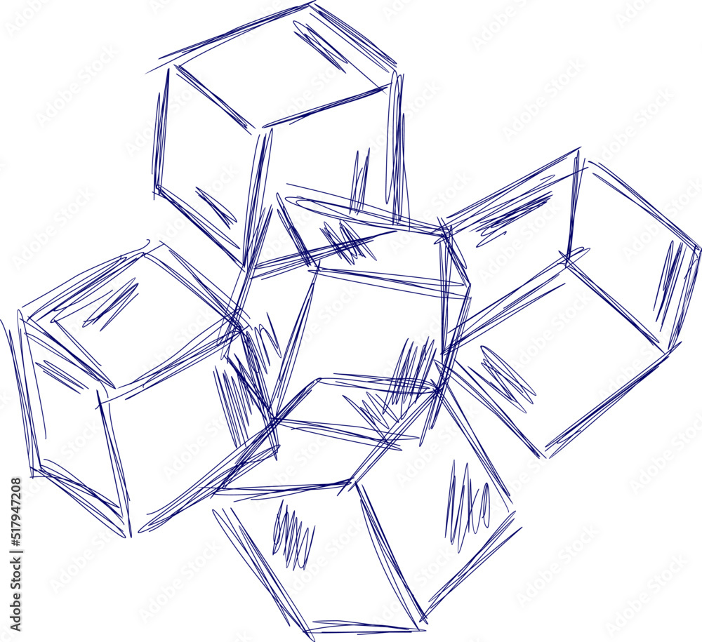 Hand drawn line ice cube, sugar, toy. Cold pieces, pieces of ice ...