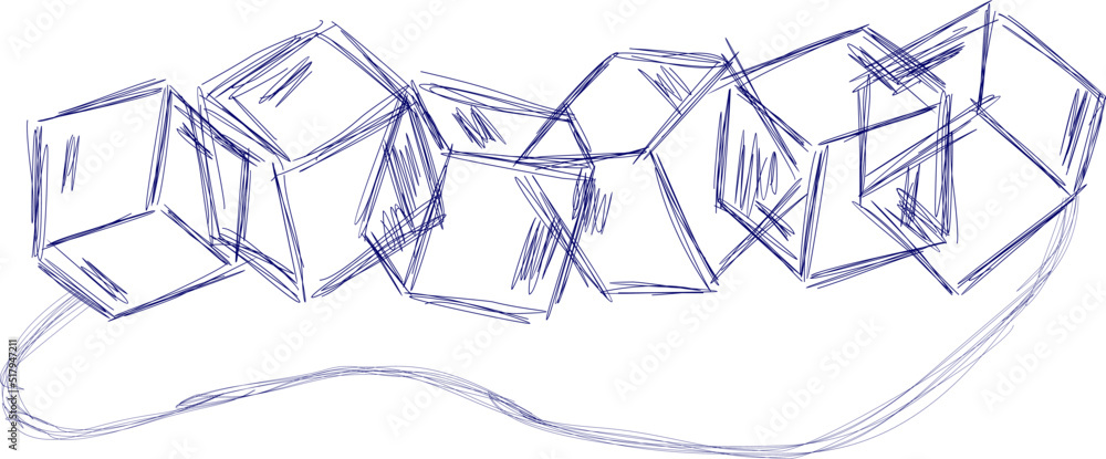Hand drawn line ice cube, sugar, toy. Cold pieces, pieces of ice ...