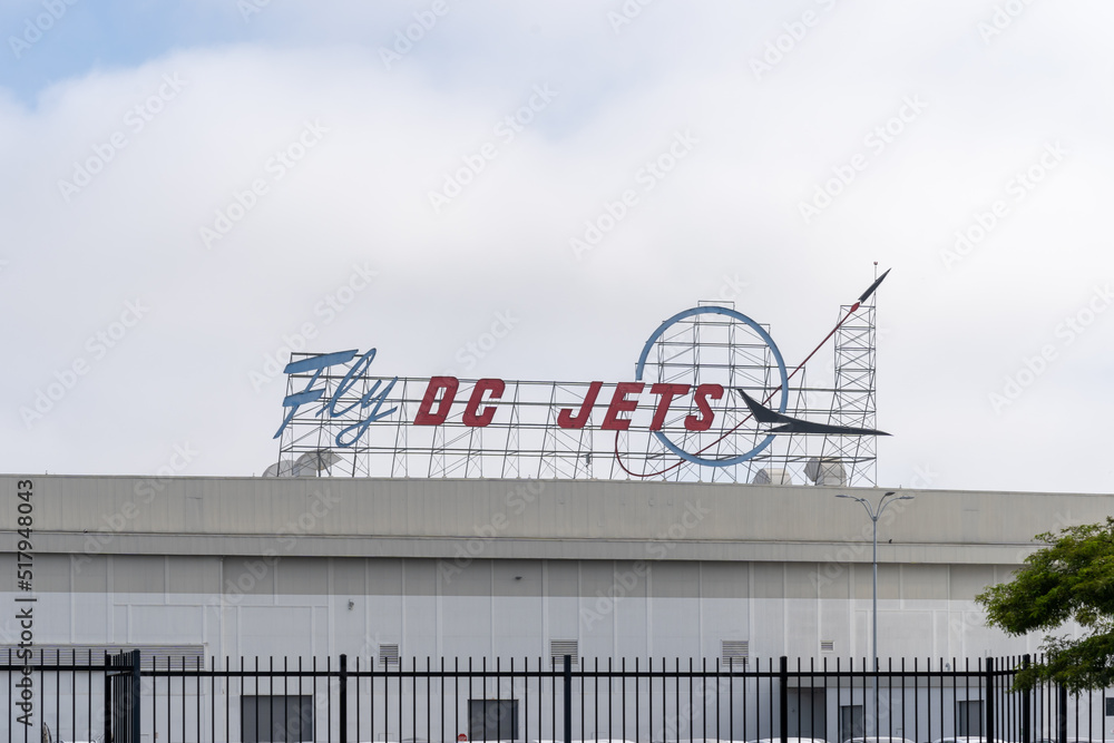 Long Beach, CA, USA - July 10, 2022: ‘Fly DC Jets’ sign on the former ...
