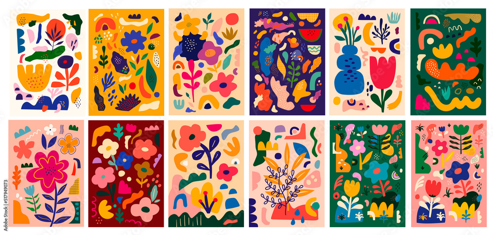 Trendy posters and cards with flowers and abstract patterns. Summer ...