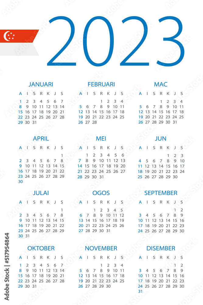 Calendar 2023 year - vector template illustration. Singaporean version ... Calendar 2023 year - vector template illustration. Singaporean version ...