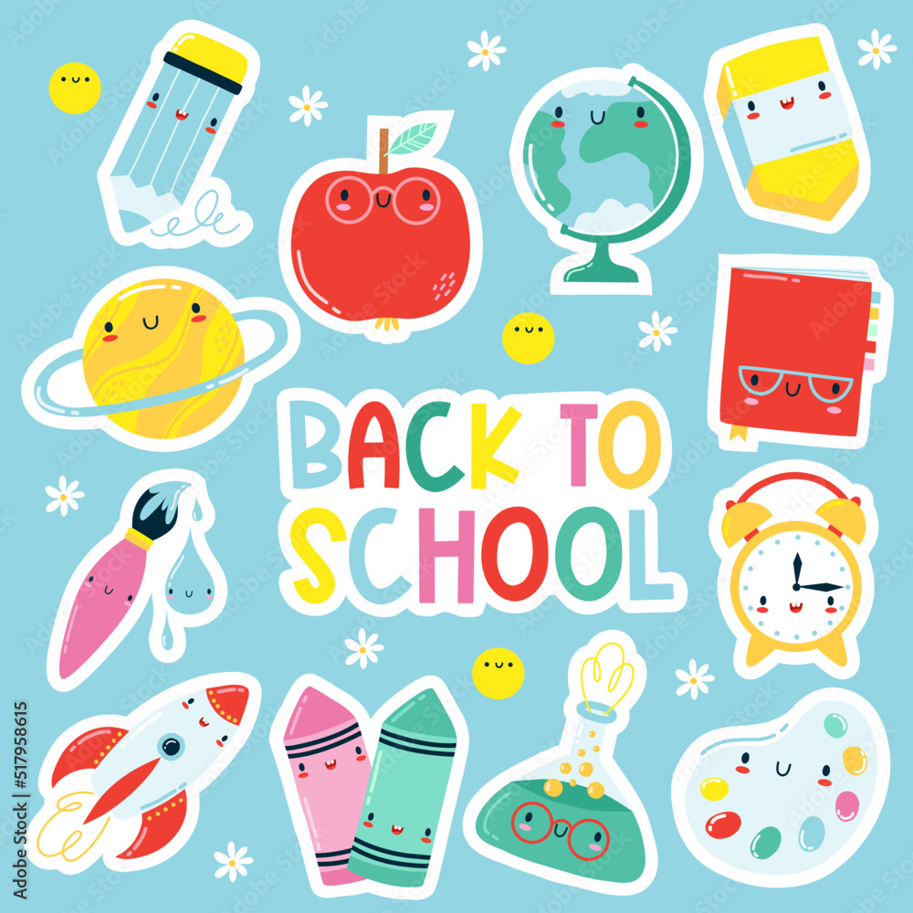 Set of stickers kawaii cartoon school supplies. Back to school vector ...