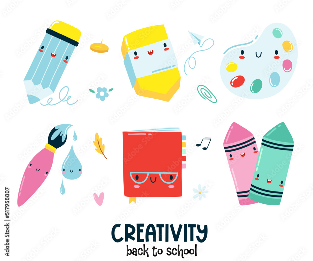Set of kawaii cartoon school supplies. Back to school vector character ...