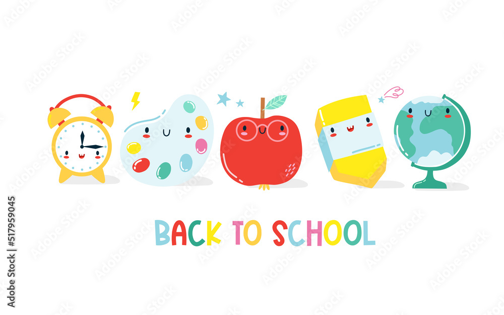 Back to school banner. Frame from cute kawaii school supplies. Happy ...